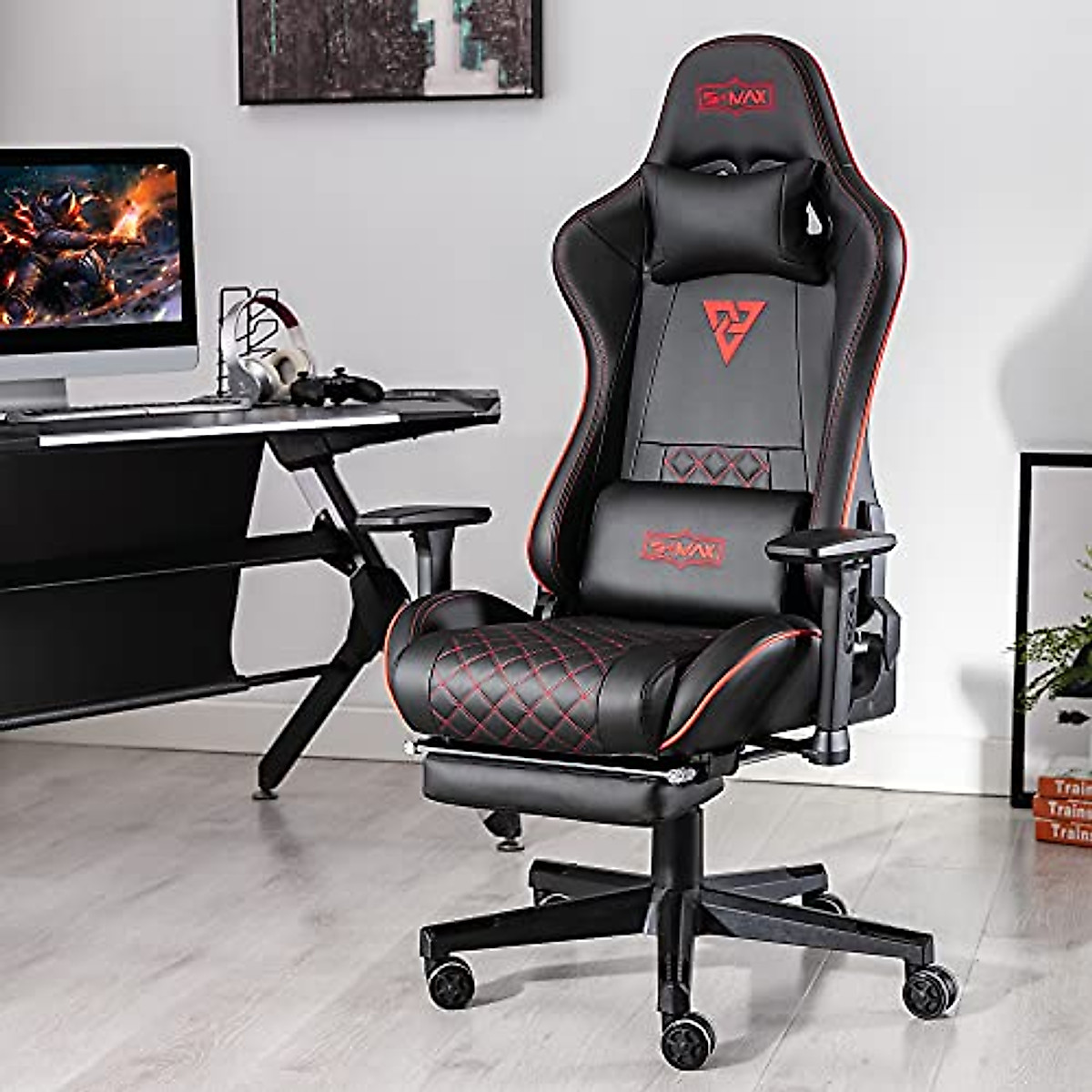 SMAX Gaming Chair with Footrest Thicken Seat Computer Gamer Chair with 3D Armrest PU Leather Headrest and Lumbar Support Racing Style High Back Video Game Chairs for Adults Black