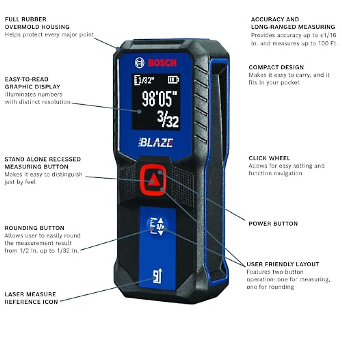 BOSCH GLM100-23 100 Ft Blaze Laser Distance Measure, Includes 2 AA Batteries