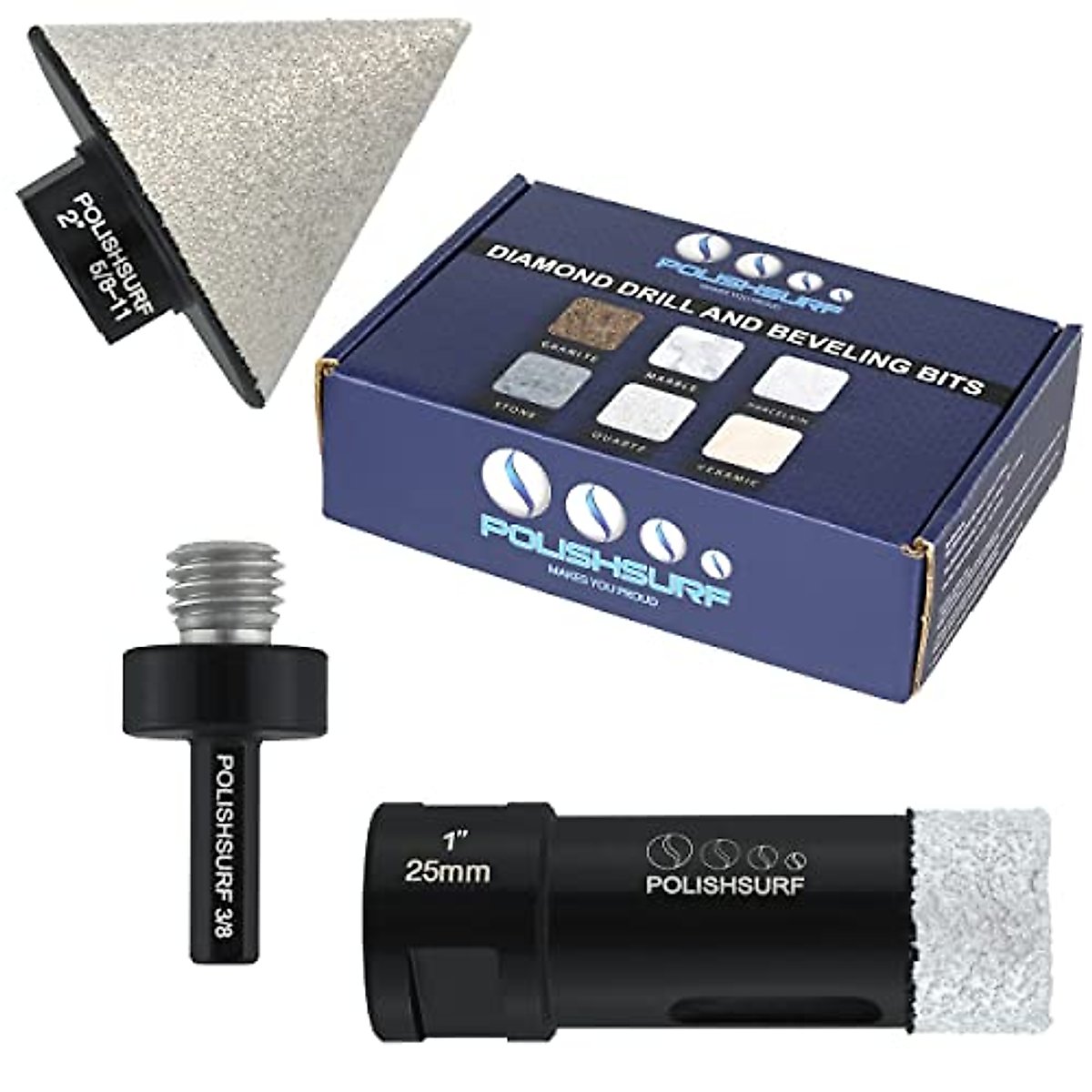 Diamond Core Drill Bits 1 Inch and Beveling Chamfer Bits 2 Inch Kit Vacuum Brazed Hole Saw with 5/8-11 Thread Plus 3/8 Inch Hex Shank Adapter (Set-1 with 1" (25mm) Diamond Drill Bit)