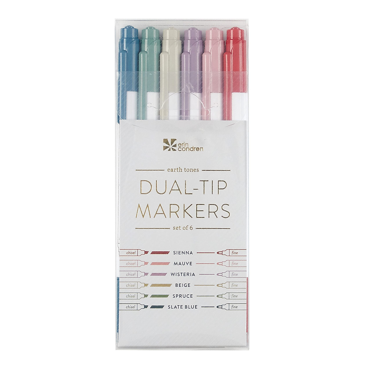 Erin Condren 6-Pack Dual-Tip Marker Set - Earth Tones. Focused Collection. Fine Tip and Medium Tip. Writing and Drawing Markers. Sienna, Mauve, Wisteria, Beige, Spruce, and Slate Blue Colors