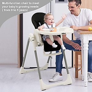 INFANS High Chair for Babies and Toddlers, Foldable Highchair with 7 Different Heights 4 Reclining Backrest Seat 3 Setting Footrest, Removable Tray Built-in Rear Wheels with Locks (Black)