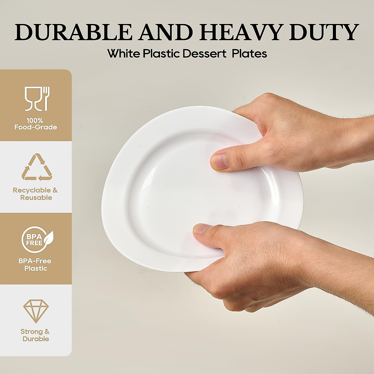 FOCUSLINE 100 Count White Plastic Plates 7 Inch, Disposable Heavy Duty Plastic Dessert Plates- Premium Hard Plastic Plates Fancy Disposable White Plates for Weddings, Parties and Events