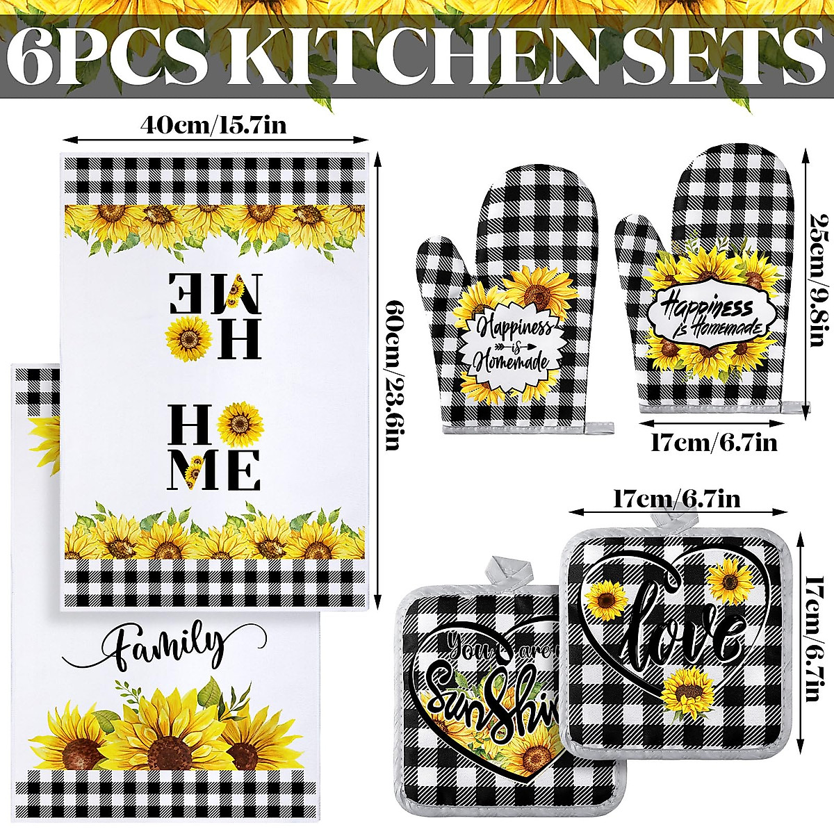 Leinuosen 6 Floral Plant Oven Mitts and Pot Holders Sets Farmhouse Kitchen Towels Absorbent Dish Towels for Cooking Baking Grilling(Classic Color,Plaid Sunflower)
