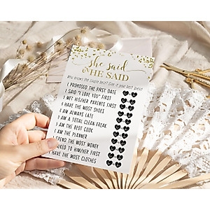 Black and Gold Bridal Shower Game He or She Said – 25 Pack, Couples Wedding Engagement Party Games, Reception Decor and Ideas, Fun Bridal Shower Guest Activities