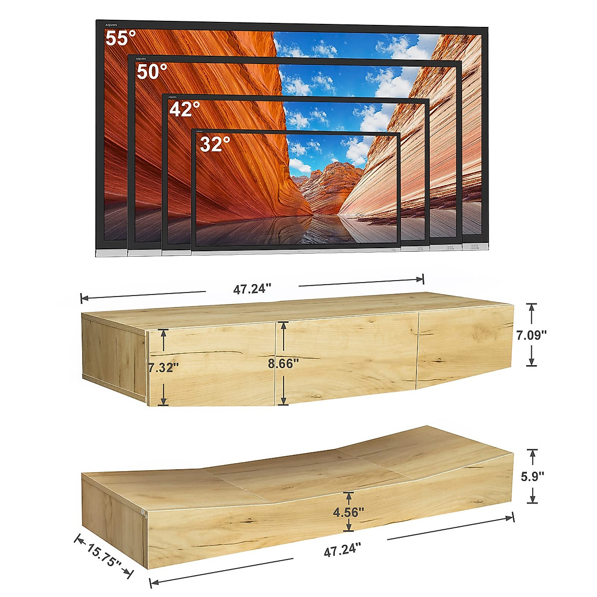 Wood Floating TV Stand for 55 Inch TV LED TV Console Wall Mounted Entertainment Center with Display Platform and 3 Drawers Media Table Cabinet for Living Room Oak