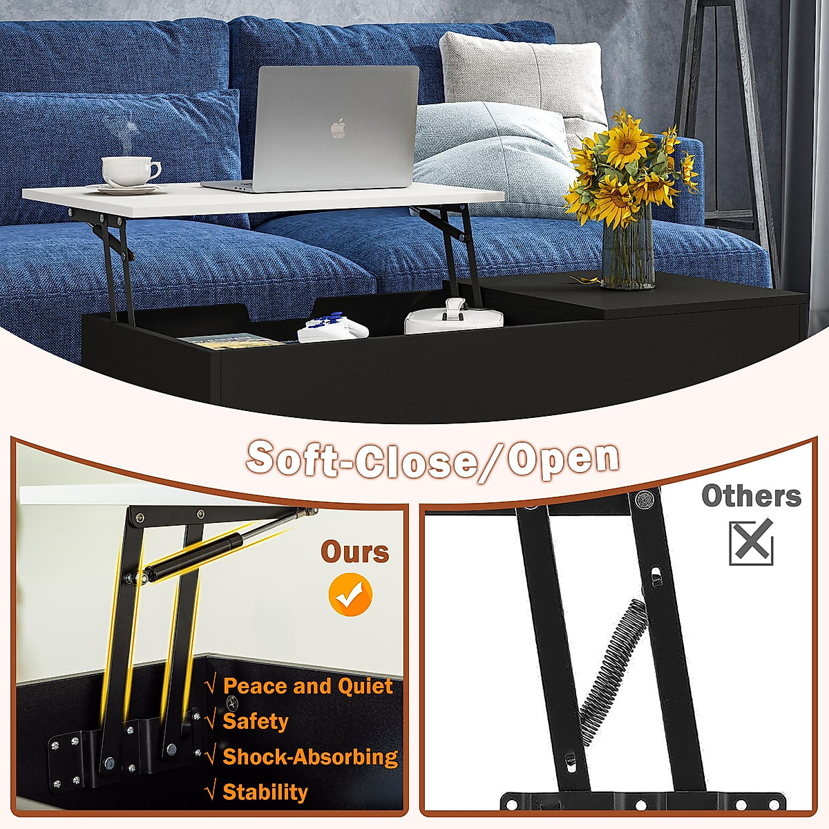 Koifuxii Lift Top Coffee Table - White Coffee Table with Lifting Top and Hide Compartment Storage - Lifted Coffee Table Rectangle - Wood Coffee Tables for Living Room