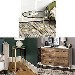 Walker Edison Furniture Company Modern Round Coffee Accent Table, Glass/Gold with Round Side End Accent Table, Glass/Gold and 2 Toned Wood Storage Drawer Organizer, 52" Reclaimed Barnwood Brown