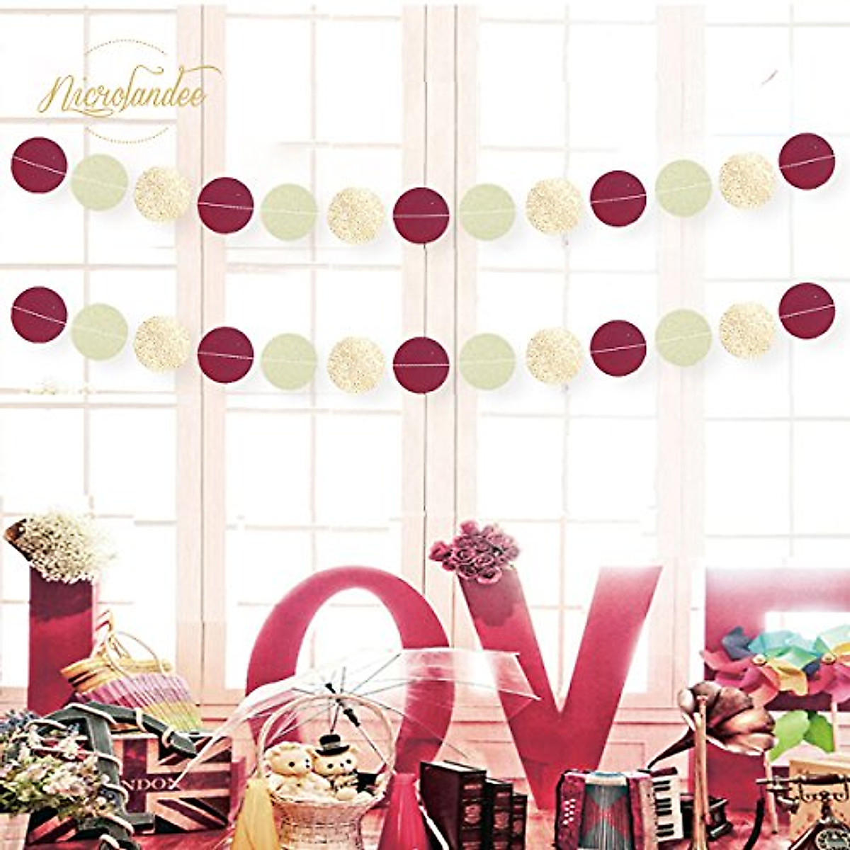 Nicrolandee Burgundy Paper Garland Rose Gold Glitter Dots Hanging Party Garland for Maroon Wedding Engagement Party Baby Shower Bridal Shower Hen Night Party Decorations, 3 Pack/Set 9.8FT Long