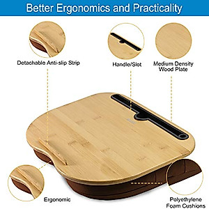 VLOXO Lap Desk with Cushion Portable Laptop Stand with Pillow, 3 in 1 Lap Desk Phone Holder, Desk Tray with Slot & Anti-Slip Strip, Support up to 14 Inch Laptop - Brown