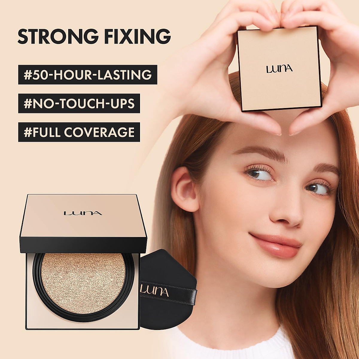 LUNA 50-Hours Conceal Fixing Cushion Foundation SPF 37 (#23 Medium Beige), Refill Included, Semi-Matte Finish, Full Coverage Korean Makeup