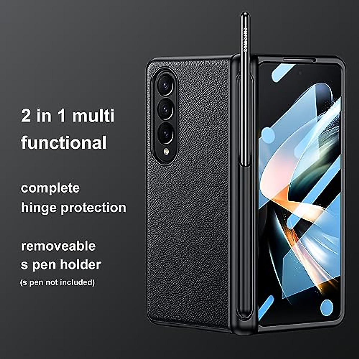 Libeagle Compatible with Samsung Galaxy Z Fold 4 Case, Support All Magsafe Accessories, Leather Back, Removable S Pen Holder on Hinge Protection, Screen Protector, Magnetic Cover 5G 2022 - Black