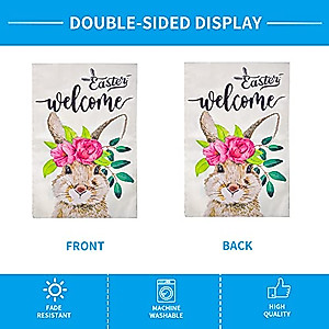 Happy Easter Garden Flag 12x18 Inch Double Sided Bunny with Flowers, Small Yard Flag for Outside Farmhouse Holiday Spring Outdoor Décor, house flag