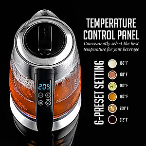 OVENTE Electric Glass Kettle Hot Water Boiler 1.8 Liter BPA Free 1500W, Set Temperature Control, Auto Shut Off, Portable Tea Kettle & Instant Water Heater + Stainless Steel Infuser - KG6610S