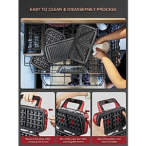 FOHERE Waffle Maker 3 in 1 Sandwich Maker 1200W Panini Press With Removable Plates and 5-gear Temperature Control, Non-stick Coating Easy to Clean,Indicator Lights, Red