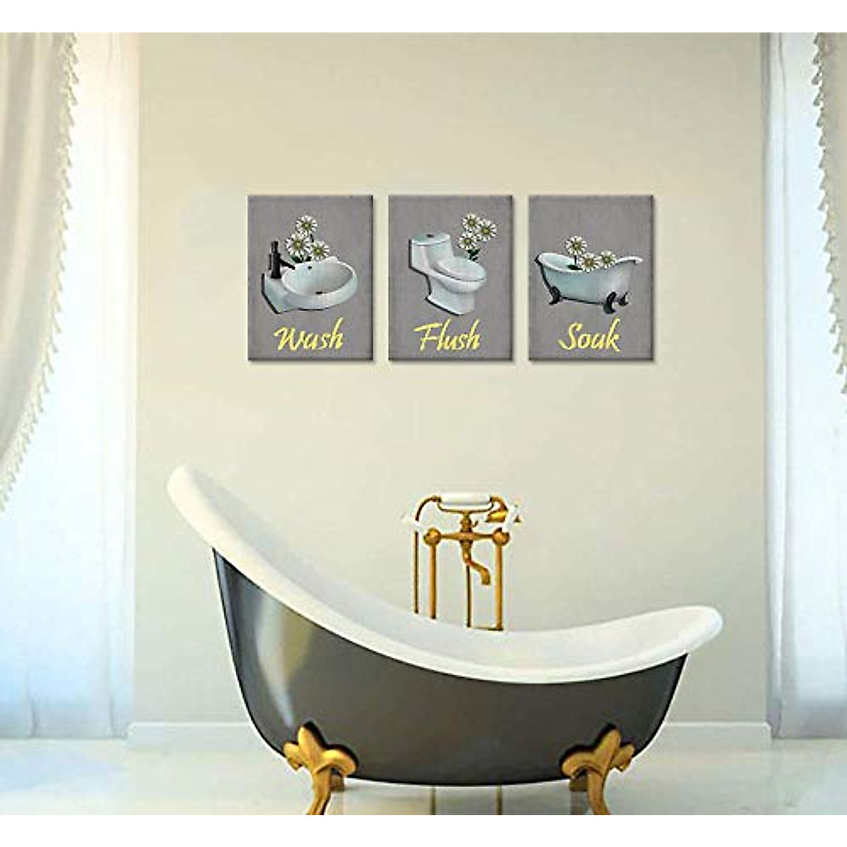 Zlove 3 Pieces Bathroom Canvas Wall Art Wash Flush Soak Bath Tub Toilet Sink with Daisy Flower Picture Print Decoration Stretched and Framed Ready To Hang 12x16inchx3pcs