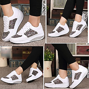 HINDOLA Women's Walking Shoes Sequin Lightweight Non Slip Tennis Sneakers Comfort Wedge Platform Athletic Running Shoes White