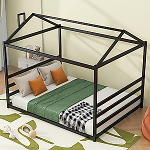 Merax Queen Size Metal House Bed with Roof, Floor Beds with Sturdy Steel Bedframe for Boys and Girls, No Box Spring Needed, Black