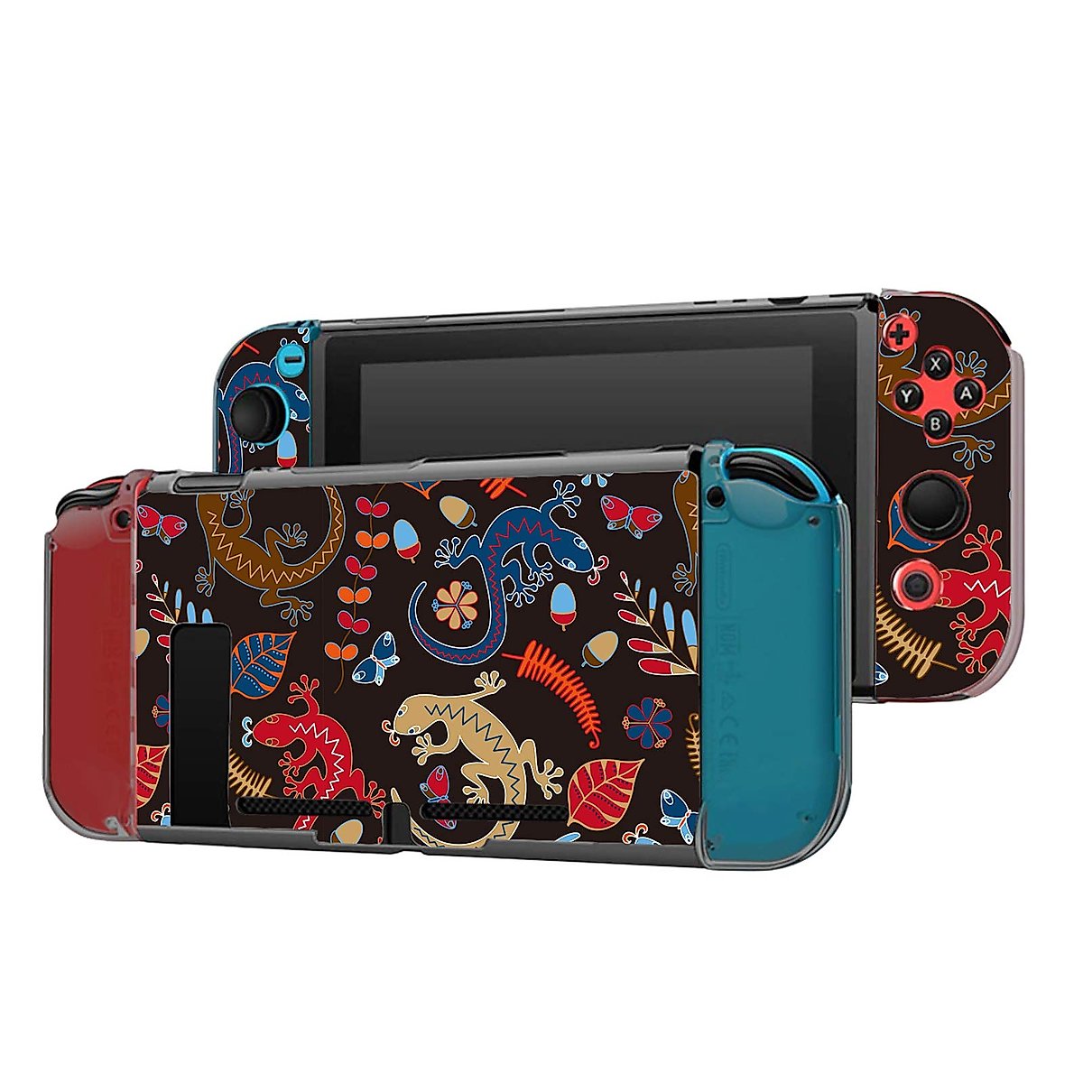 Dockable Case Compatible with Switch Console and Joy-Con Controller, Patterned ( Lizards, leaves, flowers and acorns on a black background ) Protective Case Cover with Tempered Glass Screen