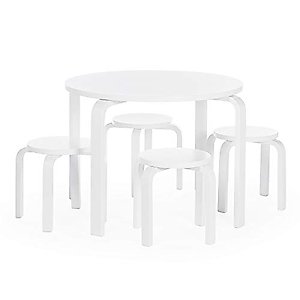 Guidecraft Nordic Table and Chairs Set for Kids: White - Stacking Bentwood Stools with Curved Wood Toddler Activity Table - Children's Modern Bedroom, Playroom, and Living Room Furniture