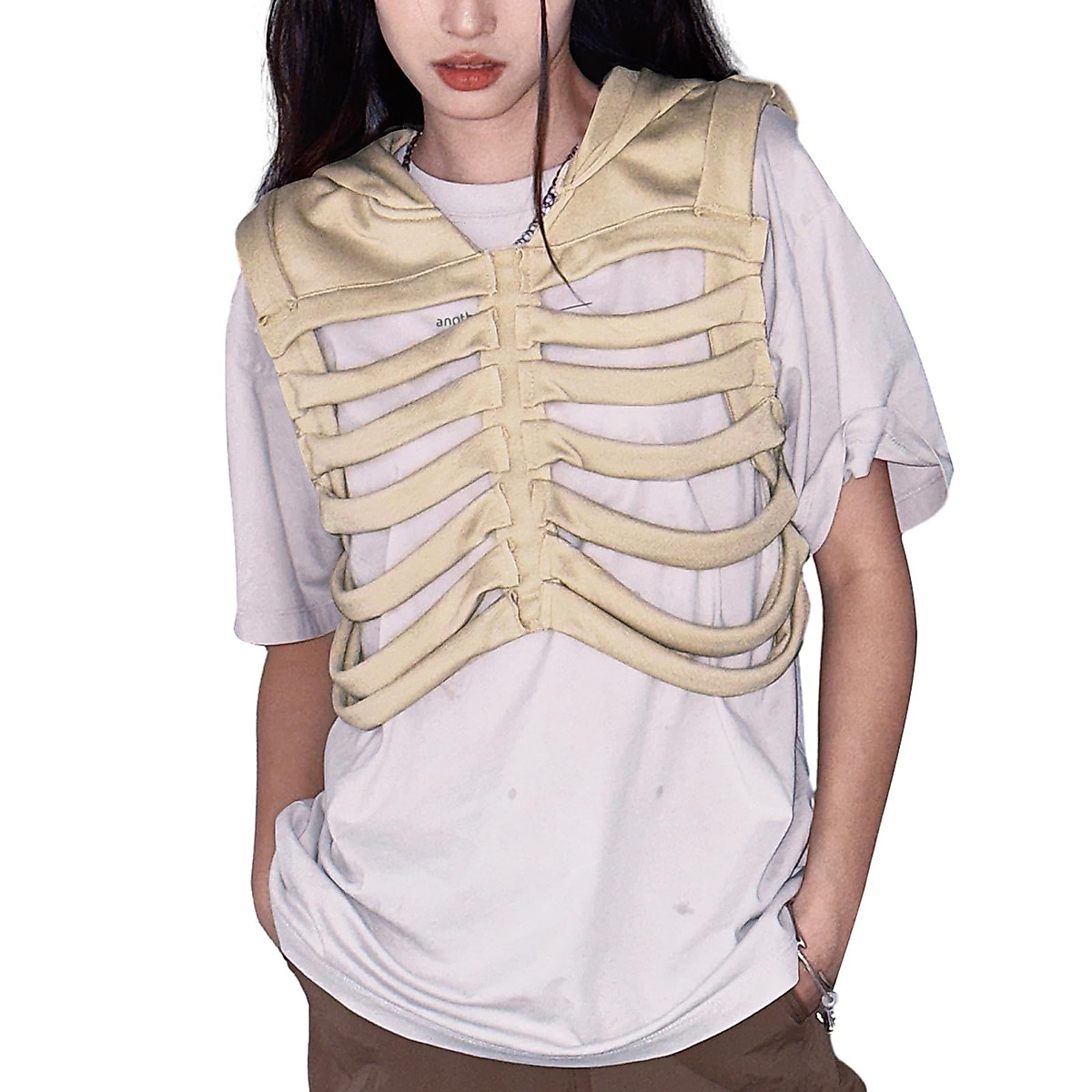 Mieeyali Women Y2K Skeleton Hoodies Vest Sleeveless Ghost Skull Pullover Sweatshirt Shirts Halloween Clothes Streetwear (Skeleton Hoodies Vest Brown, L)