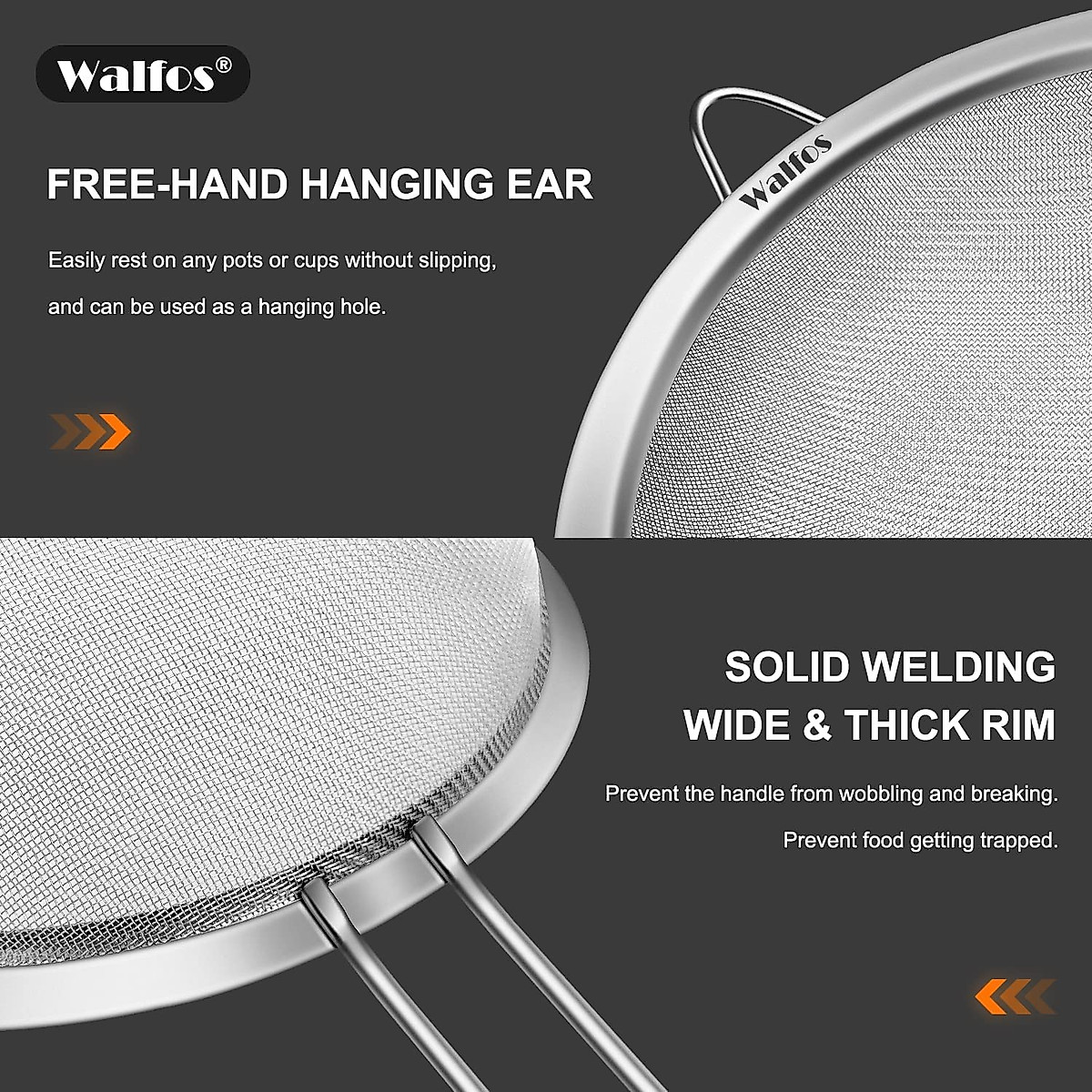 Walfos Fine Mesh Strainer 4PCS, Versatile Kitchen Strainer with Handle - 7", 5", 3.3", 2.8" Sieve Fine Mesh Stainless Steel, Metal Strainers and Sifters for Rice, Quinoa, Tea, Cocktail, Pasta, Juice