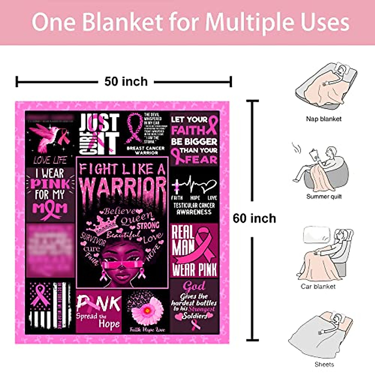 Breast Cancer Awareness Blanket, Black Women Fight Like A Warrior Flannel Soft Cozy Throw Blanket Breast Cancer Pink Ribbon Decorative Throws, Breast Cancer Survivor Gifts for Women 50x60 Inches