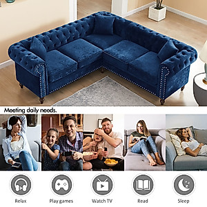 Merax L-Shaped 80" Deep Sofa Couch, Luxury Classic Chesterfield L-Shaped Velvet Sofa, Button Tufted Upholstered Sectional Corner Sofa with 3 Pillows and Solid Wood Gourd Legs, Blue Velvet