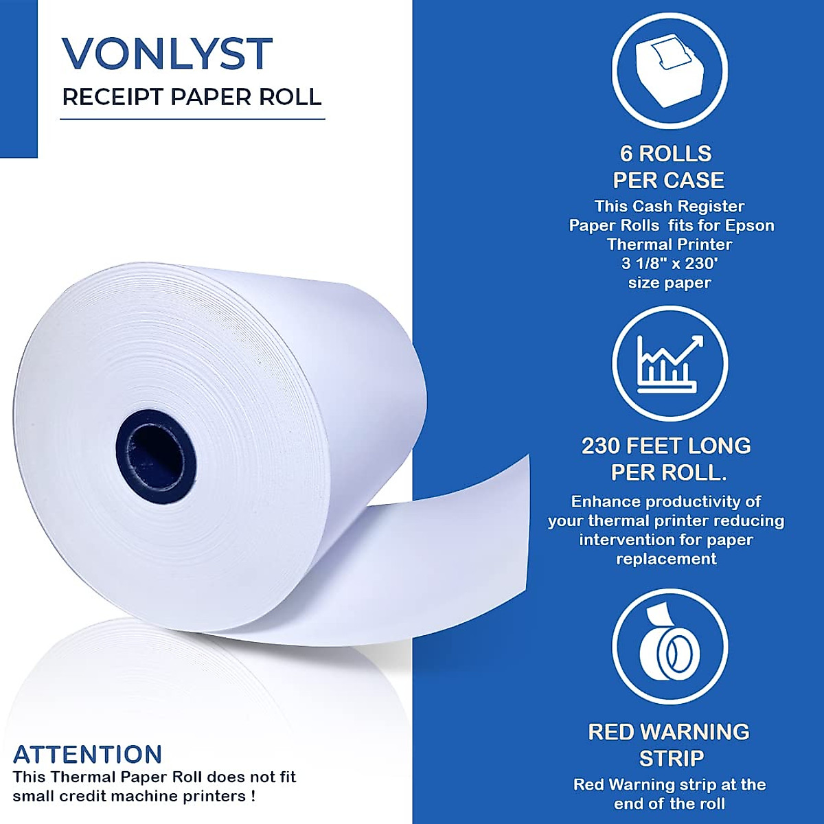 Vonlyst 3 1/8 x 230 Thermal Paper Receipt Roll for Epson Printer (Pack 12 rolls)