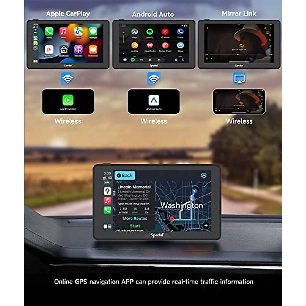 2023 Newest Portable Car Stereo with Wireless CarPlay and Android Auto, Spedal NaviCam-786 Apple CarPlay Dash Mount Car Screen, 7" IPS Touchscreen, Mirror Link/Bluetooth/Navigation/Voice Control
