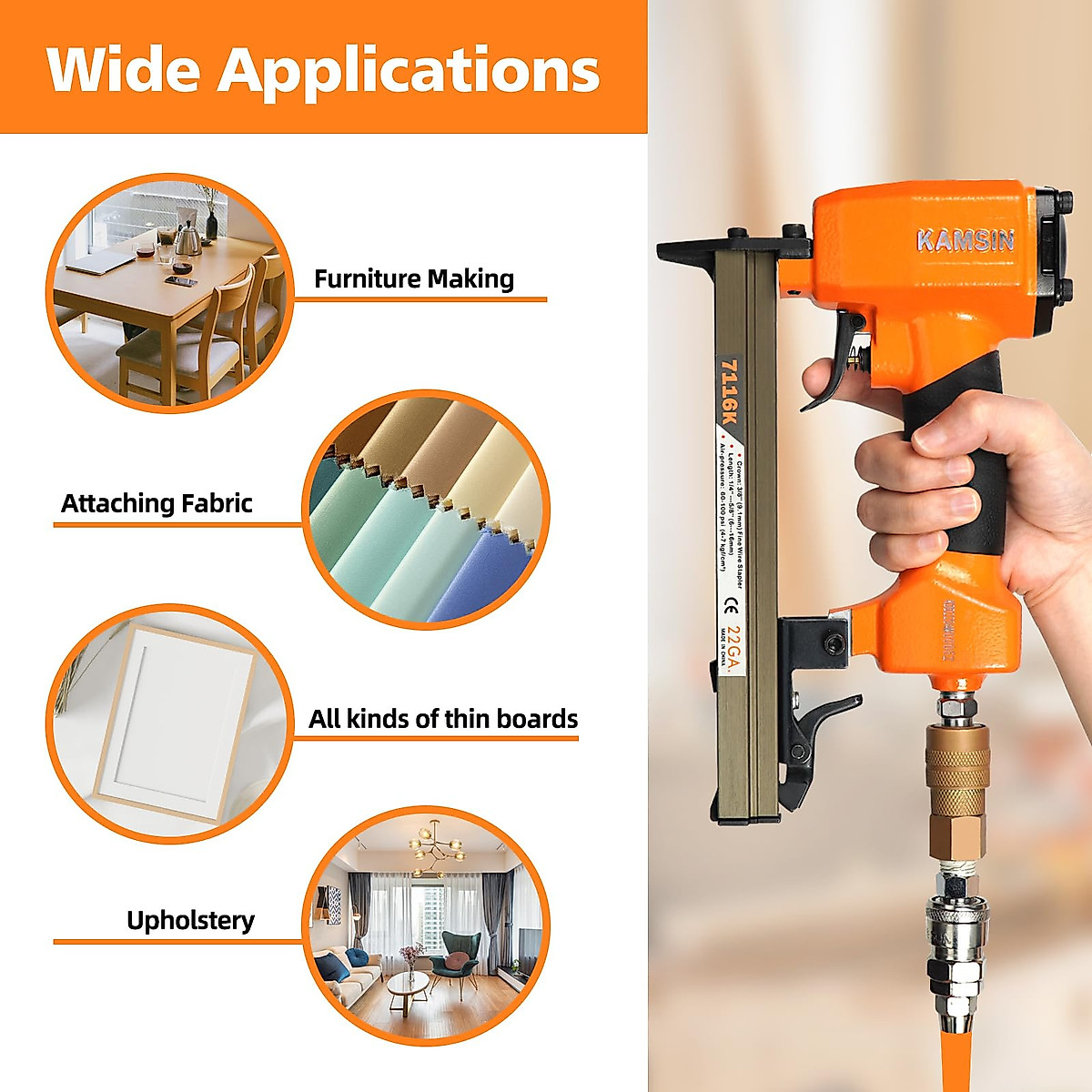 7116K 22 Gauge Pneumatic Upholstery Stapler, 71 Series 3/8-Inch (9.0mm) Crown Staple Gun, Fits 1/4-Inch to 5/8-Inch Length Staples for Upholstering and Woodworking