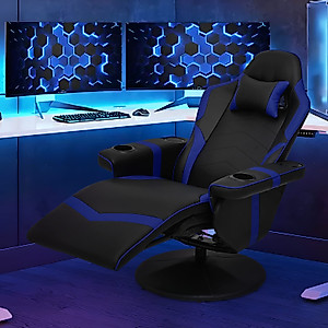MoNiBloom Massage Video Gaming Chair with 2 Speakers, Swivel Ergonomic Gaming Lounging Pedestal Recliner Chair with Neck Support, Built-in Cupholders and Storage Bag, Comfortable Theater Chair, Blue