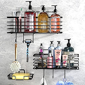 Shower Caddy Basket Shower Racks for Inside Shower Shelf with Soap Dishes and 5 Hooks, 304 Stainless Steel No Drilling Traceless Adhesive Bathroom Storage Organizer, 2 Pack, Black
