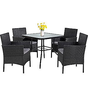 Shintenchi Outdoor Patio Furniture 5-Piece Indoor Outdoor Wicker Dining Set, Square Tempered Glass Top Table with Umbrella Hole and 4 Chair Set， Black