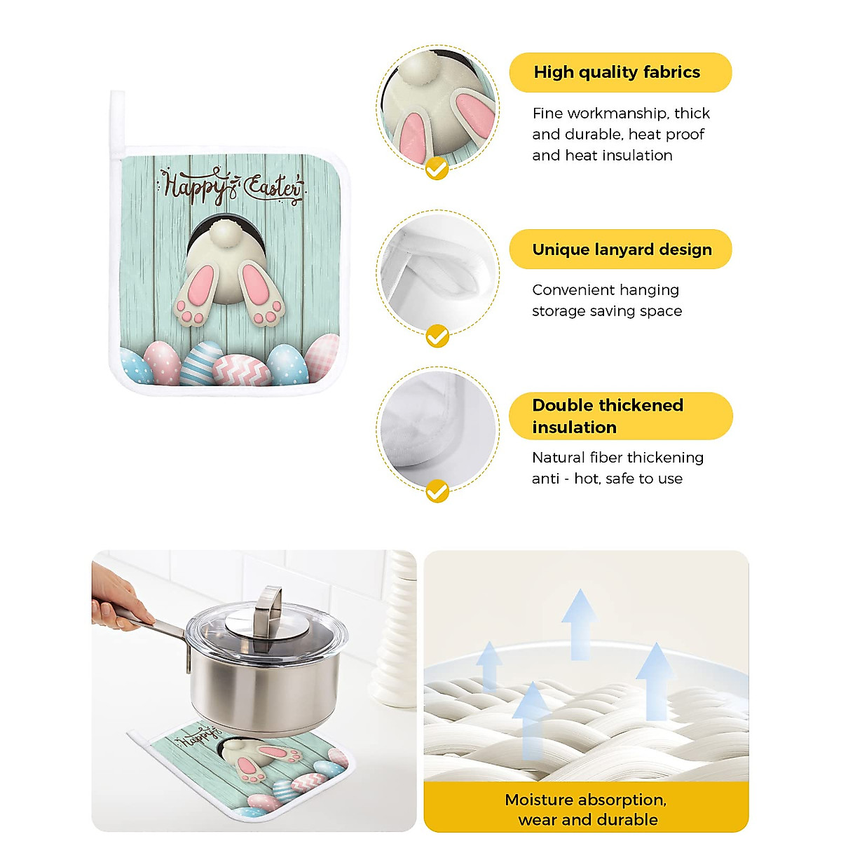 Pot Holder Set of 2 Easter Funny Rabbit in Wooden House Potholder Heat Proof Non-Slip Pot Holders,Colorful Eggs Hot Pads Potholders for Kitchen Cooking Baking BBQ