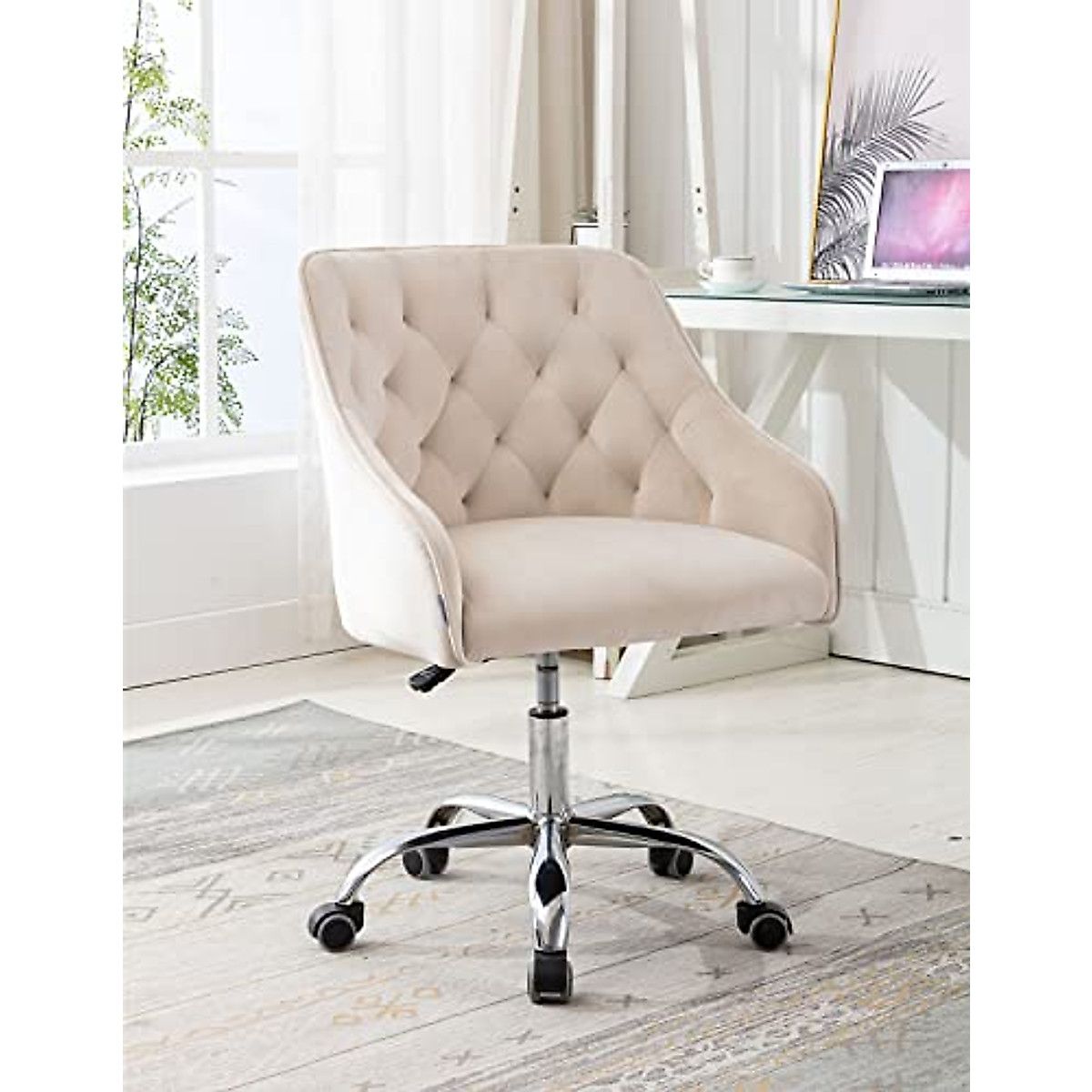 Baysitone Velvet Home Office Desk Chair, Modern Swivel Task Armchair with Adjustable Height, Upholstered Tufted Accent Computer Chair for Home and Office Working or Studying, Beige
