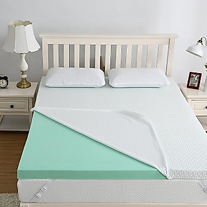 Aibudy Green Tea Memory Foam Mattress Topper, Cooling Gel Foam, 3 Inch Thk Mattress Pad Bed Topper with Zippered Bamboo Cover for Back Pain, Soft & Comfortable - Queen Size