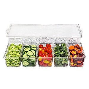 Ice Chilled 5 Compartment Condiment Server Caddy - Serving Tray Container with 5 Removable Dishes with Over 2 Cup Capacity Each and Hinged Lid | 3 Serving Spoons + 3 Tongs Included