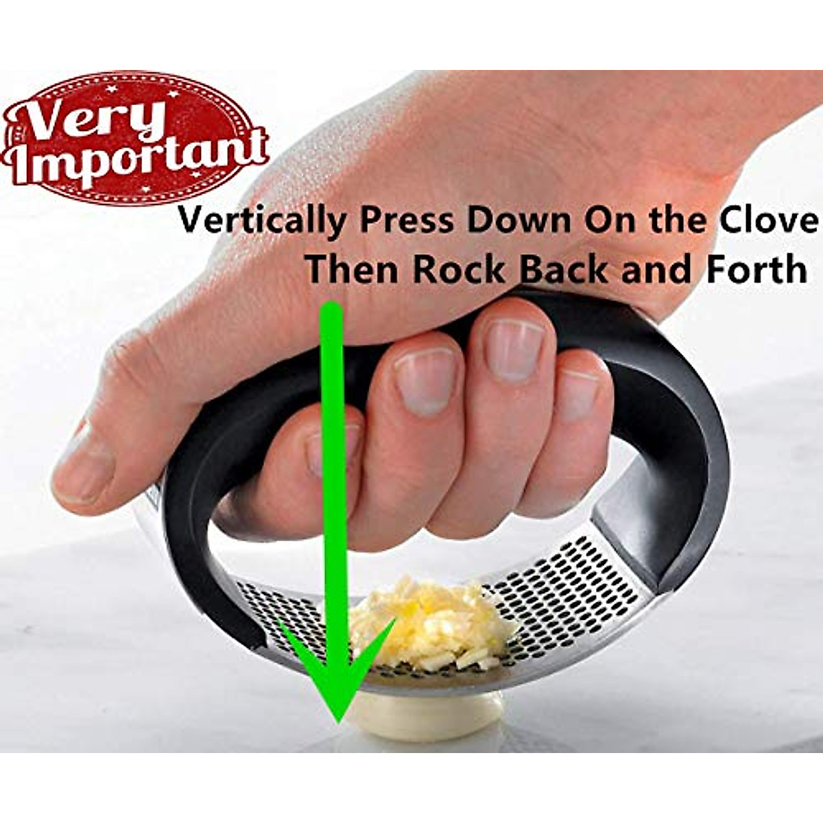 Garlic Press Rocker Silicon Garlic Peeler Stainless Steel Garlic Mincer Clove Crusher Masher Mincing Tool Innovative NEW Kitchen Gadget (silver black color)