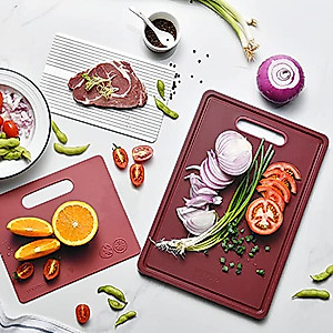 Linoroso Cutting Boards for Kitchen with Defrosting Tray Set of 3, Dishwasher Safe Plastic Cutting Board with Deep Juice Grooves, Non-Slip Durable Chopping Boards for Meat, Veggies, Fruits - Red