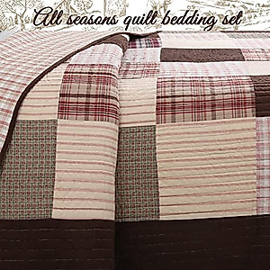 Cozy Line Home Fashions Brody Farmhouse Chocolate Plaid Striped Real Patchwork Reversible Quilt Bedding Set, Coverlet Bedspread (Brown Grid, King - 3 Piece)