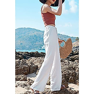 Hooever Womens Casual High Waisted Wide Leg Pants Button Up Straight Leg Trousers（White-L）