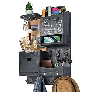tonchean Key Holder for Wall, Wall Mounted Mail Organizer with 8 Metal Key Hooks and Wallet Holder, Key Hanging Rack with Store Shelf, Drawer, Corkboard, for Home Entryway Decor