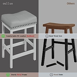 OUllUO Gray White Bar Stools Set of 2, Counter Height Bar Stools, Saddle Barstools, Pu Leather Stools with Metal Frame for Kitchen Island, 918P-NG