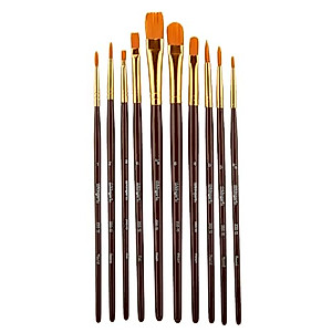 KINGART 250-10 Acrylic Art Paint Brush Set, 10 Round & Flat Brown Nylon Short Handle Brushes for Acrylic, Oil, and Watercolor, Rock Painting, Face Painting, Canvas, Ceramic, Craft and Hobby
