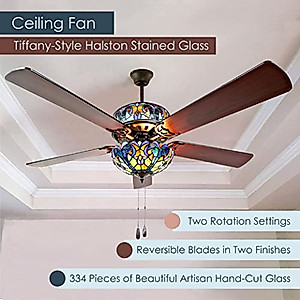 RIVER OF GOODS Tiffany-Style Halston Stained Glass Ceiling Fan - 52" L x 52" W - Mahogany and Black Fan Blades - Blue