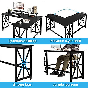 GreenForest L Shaped Desk with 2 Monitor Stand 50.4 inch Reversible Corner Computer Desk Home Office Gaming Workstation Easy Assembly,Black