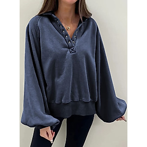 Dokotoo Womens Sweatshirts Winter 2023 Fall Tops Long Sleeve Lantern Sleeve Sweatshirts for Women Button Collar Crewneck Oversized Loose Fleece Pullovers Basic Casual Shirts Navy Blue XX-Large