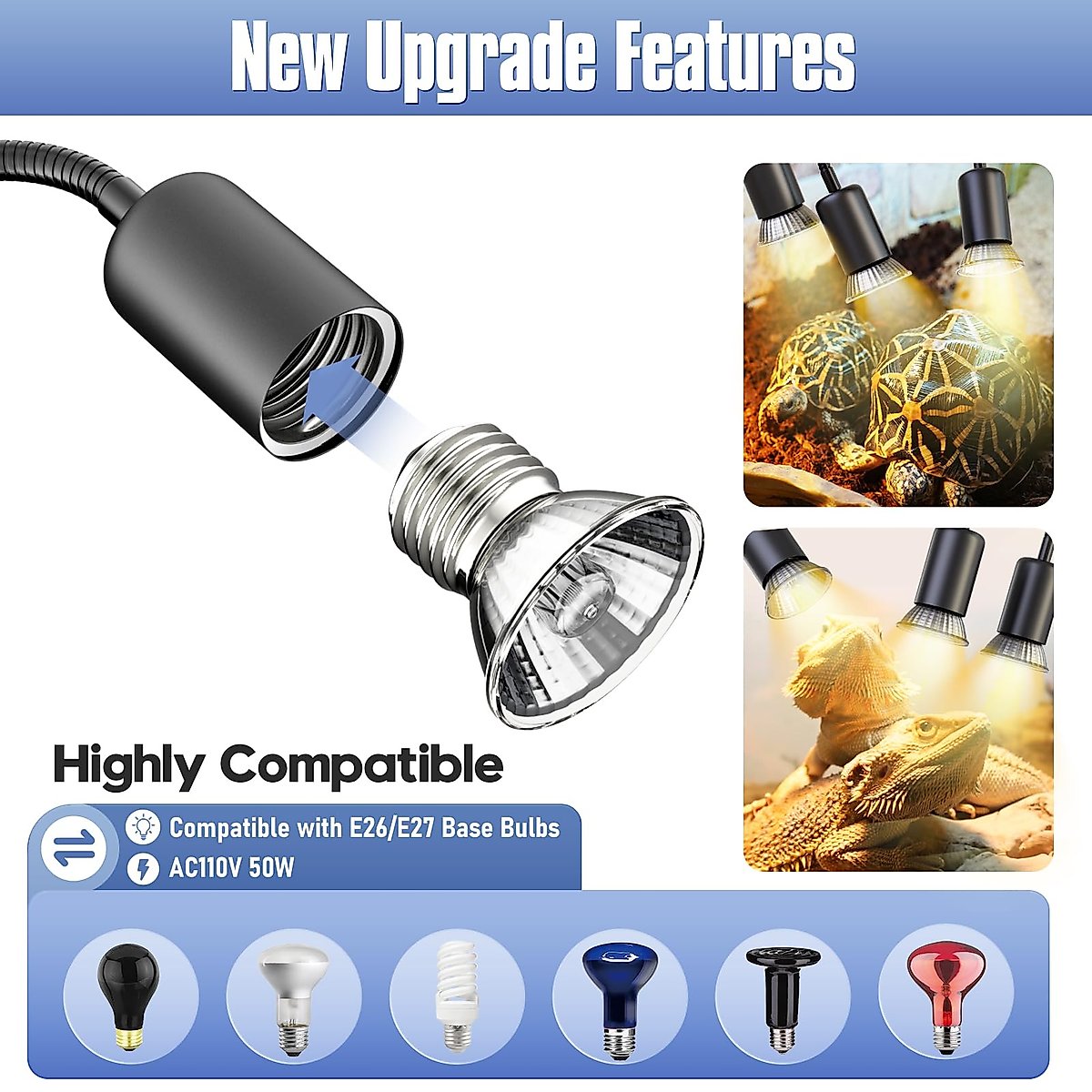 TFNN Reptile Heat Lamp, Three Head Reptile Light with Cycle Timer,UVA UVB light, dimmable Basking lamp for Tortoise, Bearded Dragon, Lizard, Snake, E26/27 Base with 4 Bulbs (50W)-Black