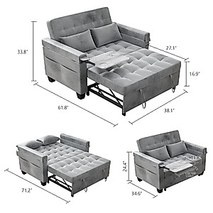 Buenhomino 3 in 1 Convertible Sofa Bed, Modern Futon Pull Out Sleeper Couch, 48'' Velvet Loveseat Chaise Lounge with Adjustable Backrest Pillows, Hidden Side Table for Living Room, Small Space Grey