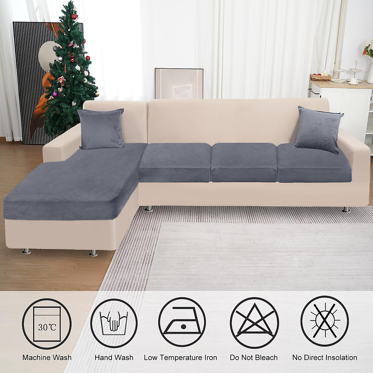 BT.WA Sectional Couch Covers for 4-Piece Seat Cushion Velvet Separate L Shape Couch Cover Stretch Sofa Slipcover with 2 Pieces Pillowcases Furniture Protector (Sofa 3 Seater + 1 Chaise, Dark Grey)